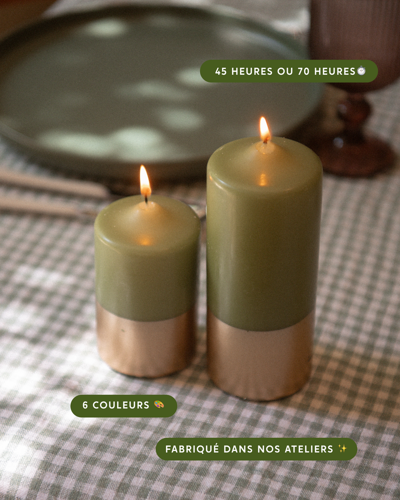 Bougies Piliers, Vert Olive et Or, My Jolie candle | My Jolie Candle